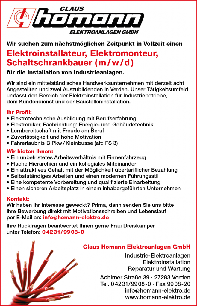 Karriere – Claus Homann Elektroanlagen GmbH